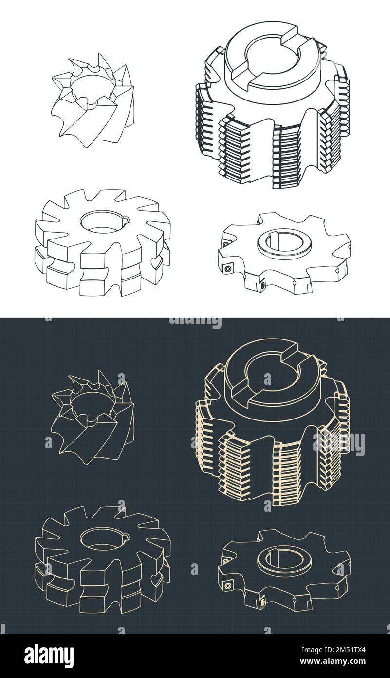 Stylized vector illustration of isometric drawings of disk cutters ...