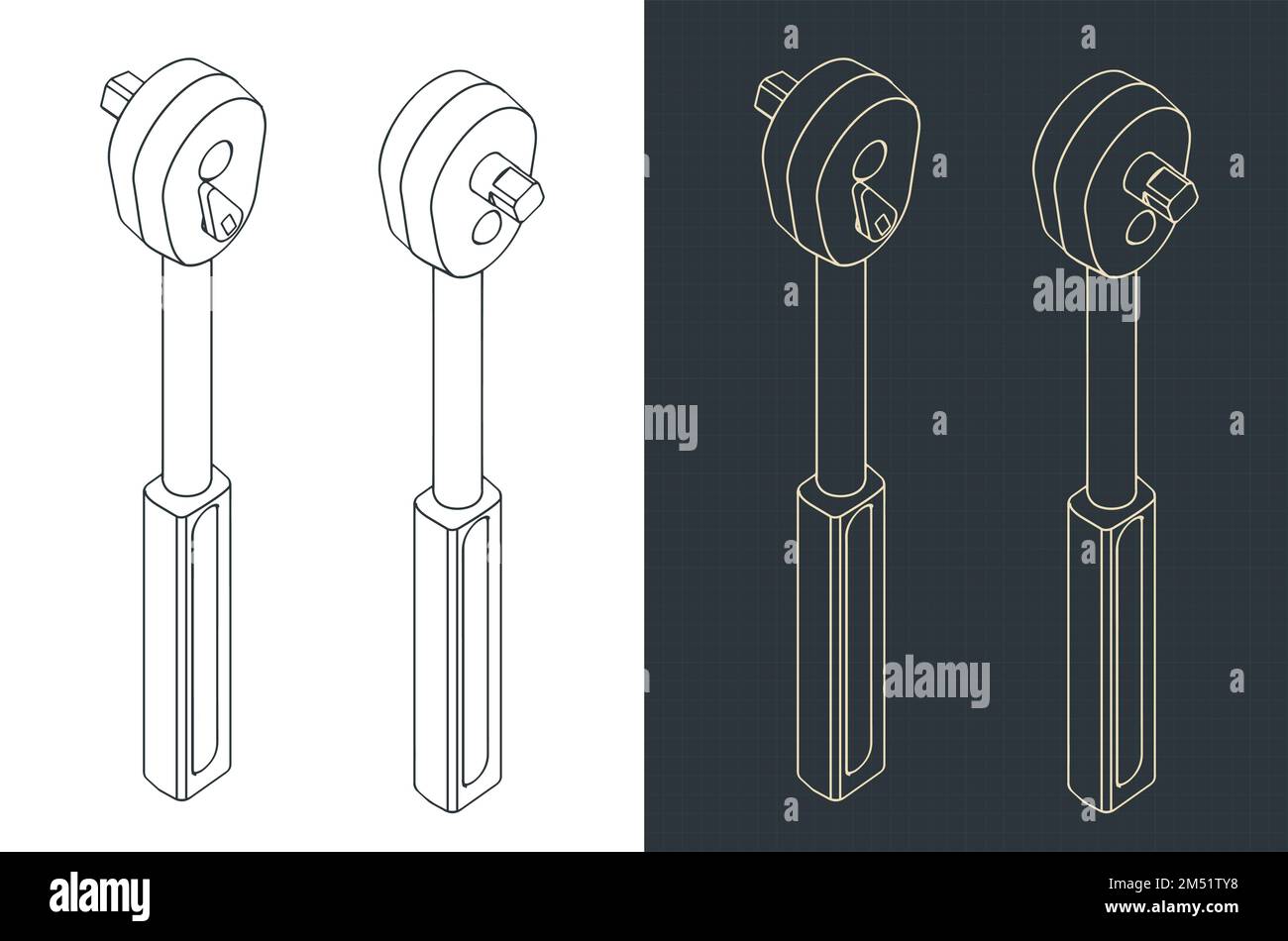 Stylized vector illustration of isometric blueprints of ratchet key ...