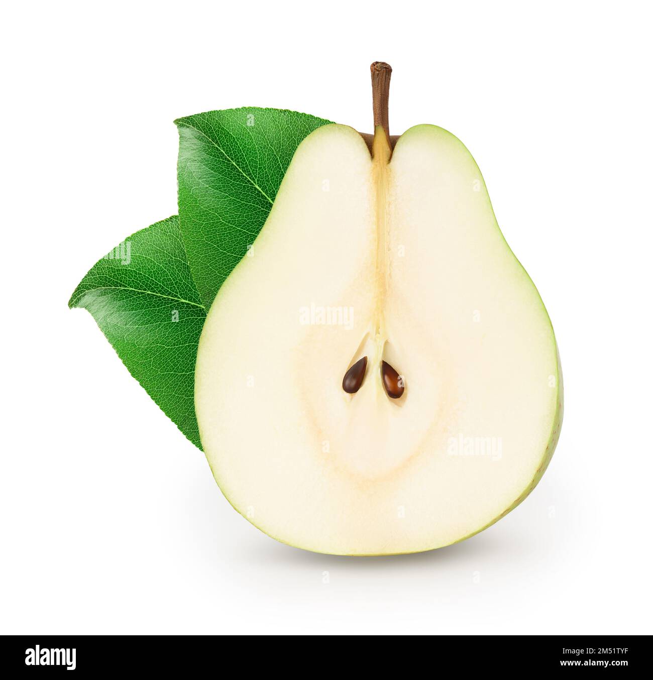 Green pear fruit half isolated on white background with full depth of ...