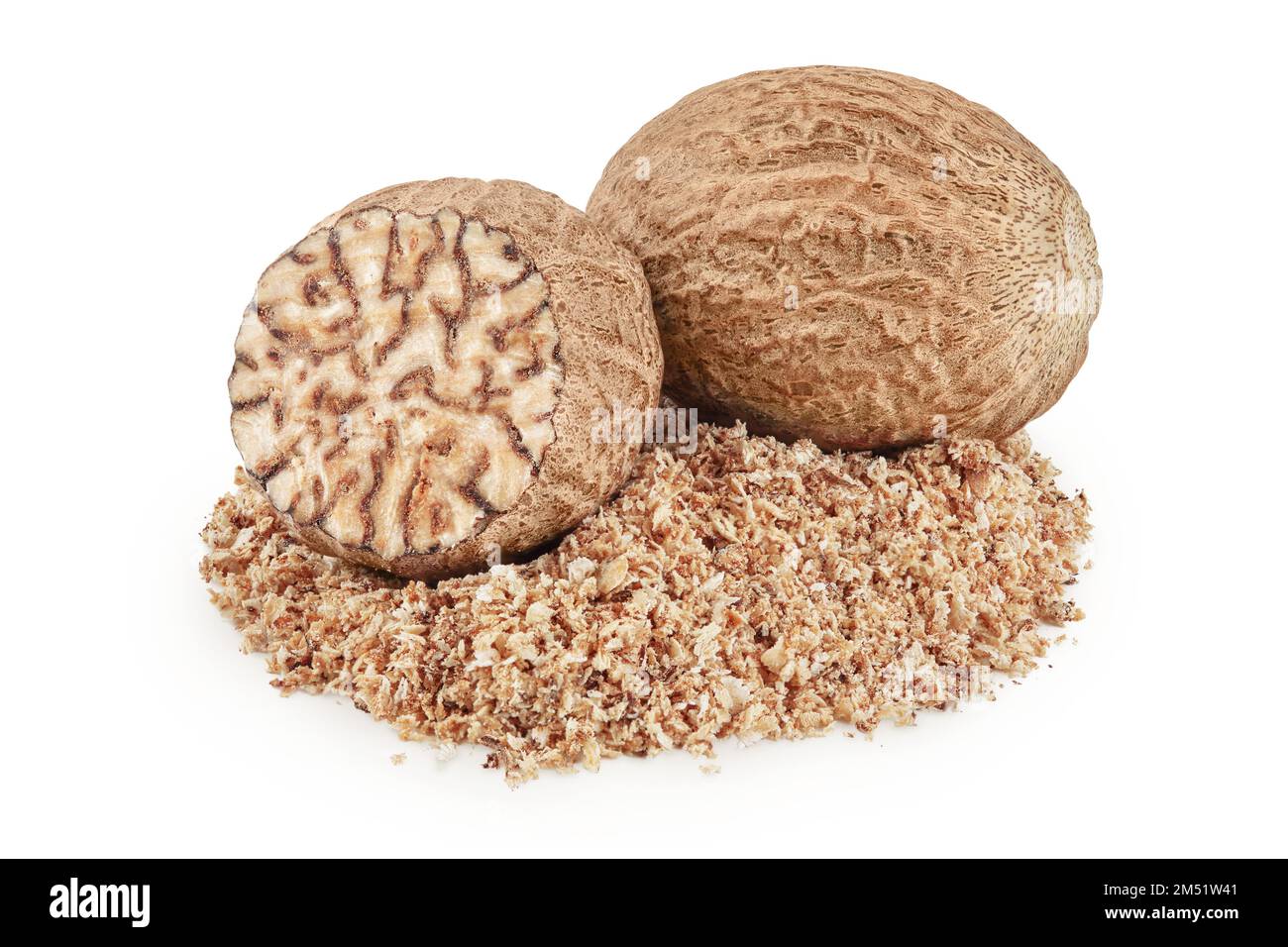 Whole and grated nutmeg isolated on white background with full depth of ...