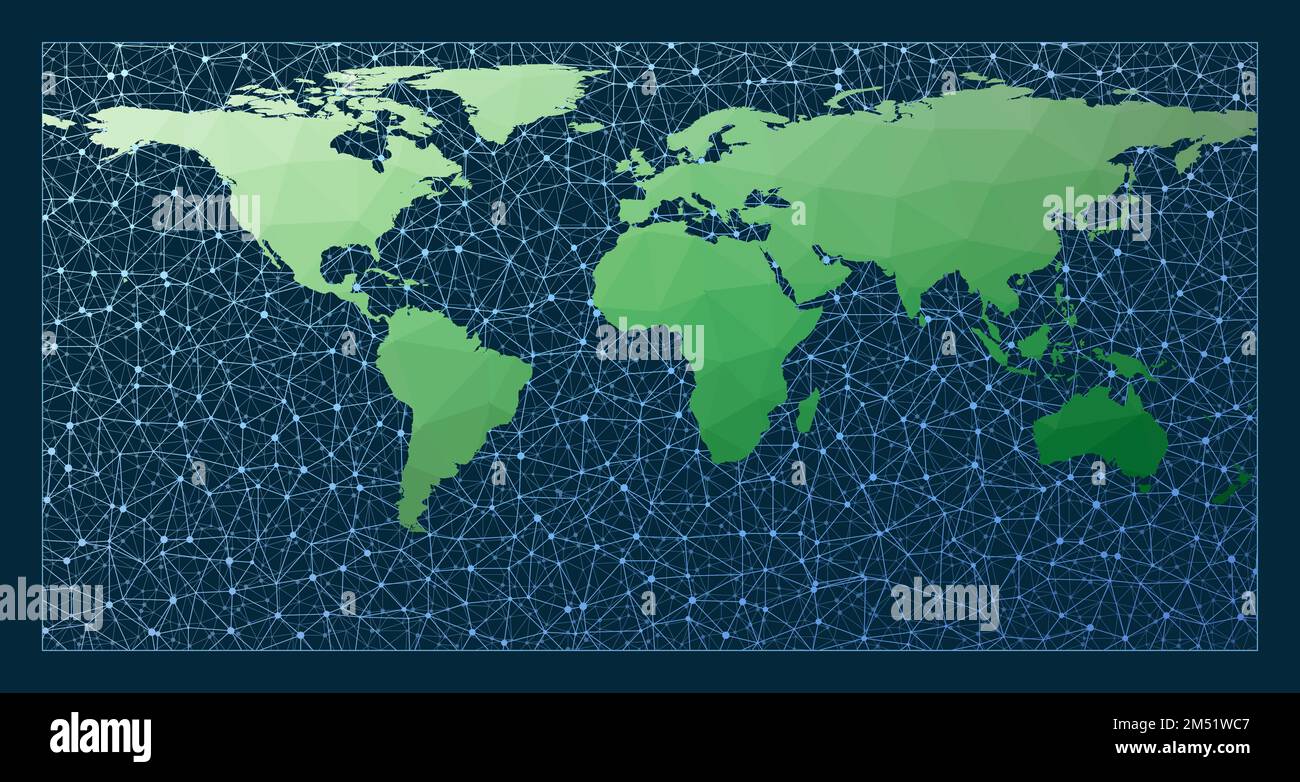 Abstract telecommunication world map. Equirectangular projection. Green ...