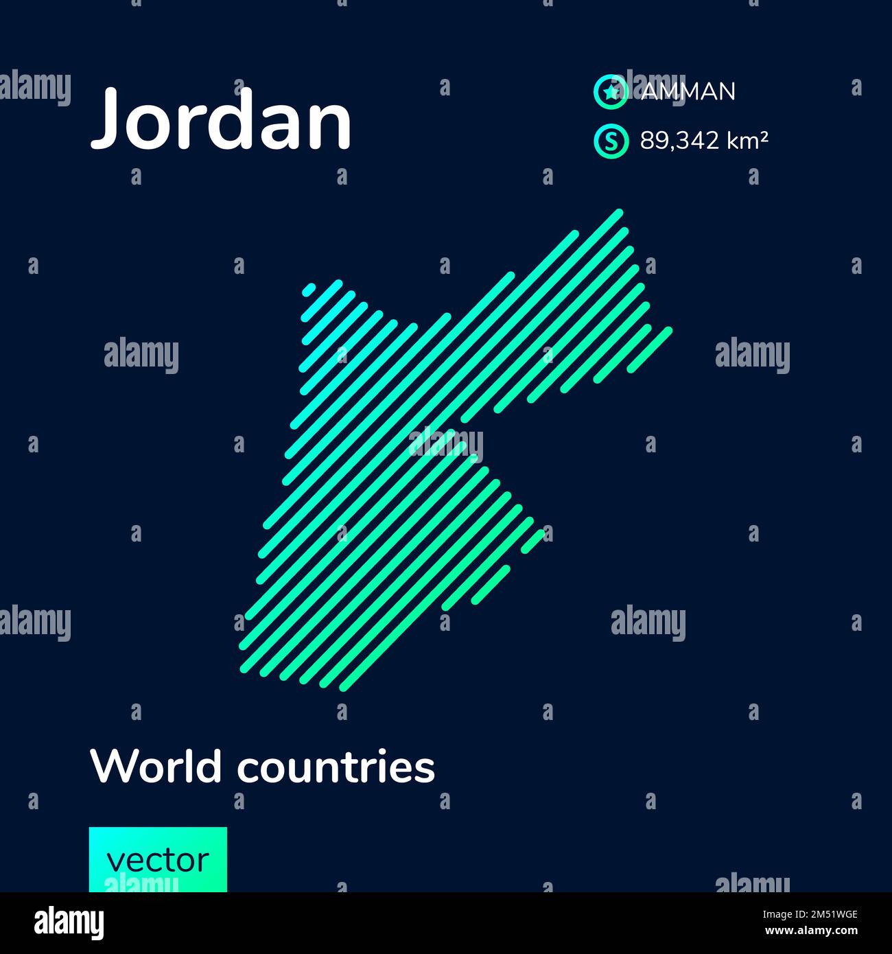 Flat creative digital neon flat abstract simple Jordan map in turquoise ...