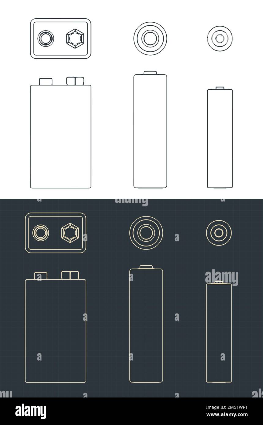 Stylized vector illustration of blueprints of different batteries Stock ...