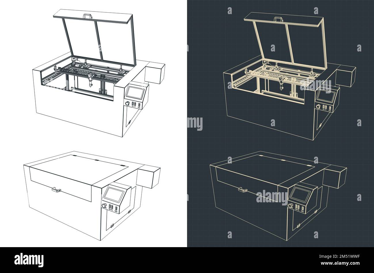 Stylized vector illustration of blueprints of an industrial laser ...