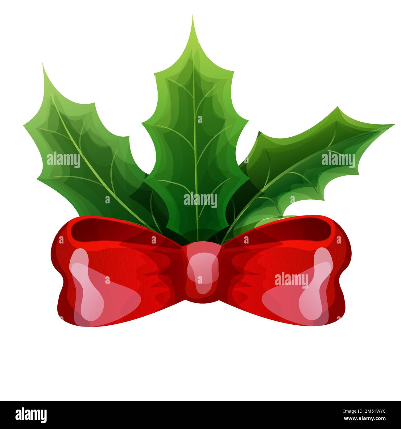 Christmas holly leaves with red bow, winter decoration in cartoon style ...