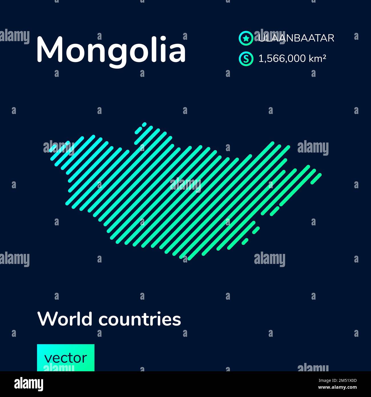 Vector creative digital neon flat line art abstract simple map of Mongolia with green, mint ...