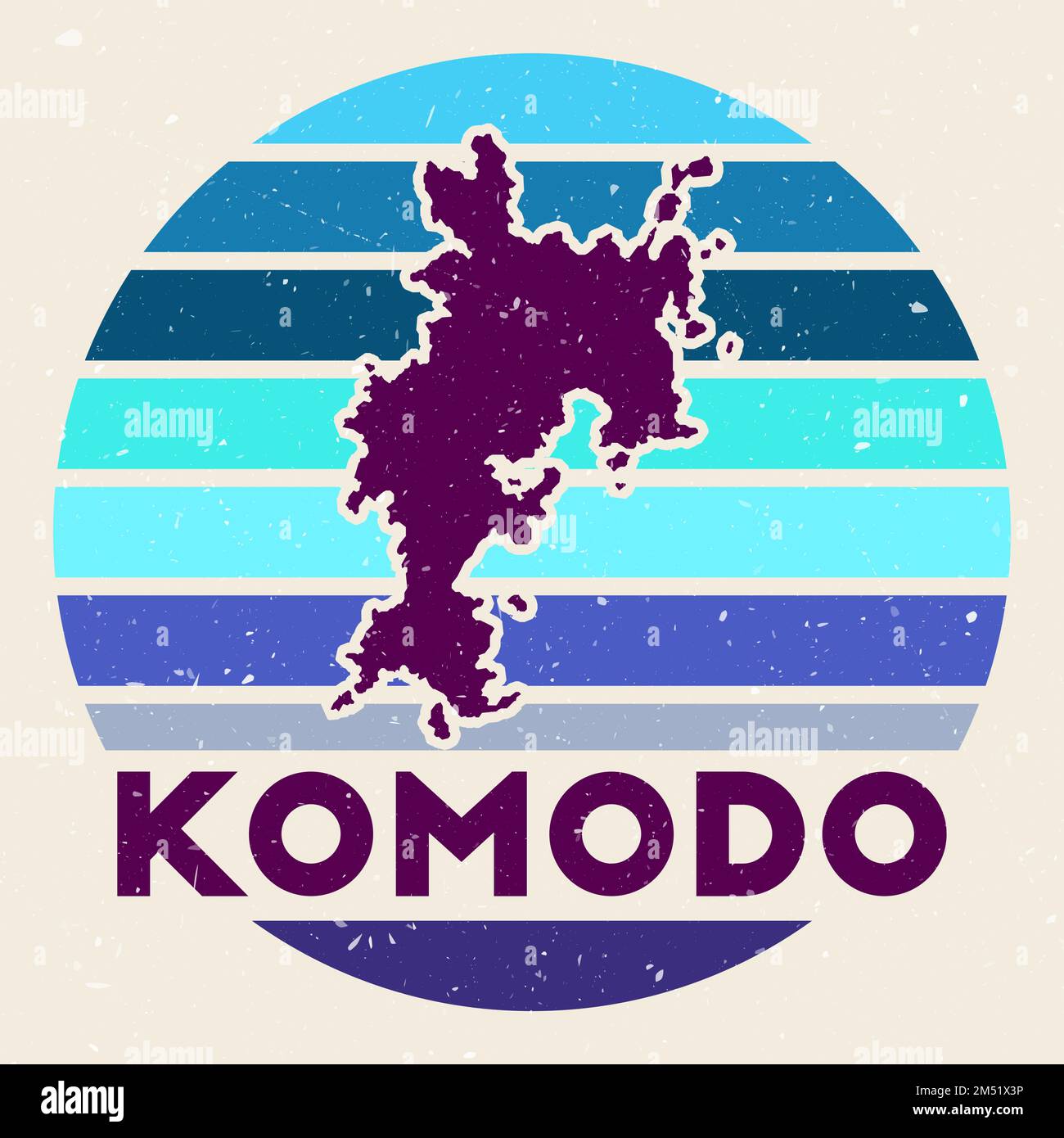 Komodo logo. Sign with the map of the island and colored stripes ...