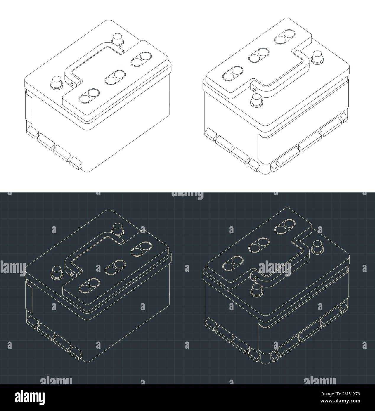 Stylized vector illustration of isometric blueprints of car battery ...