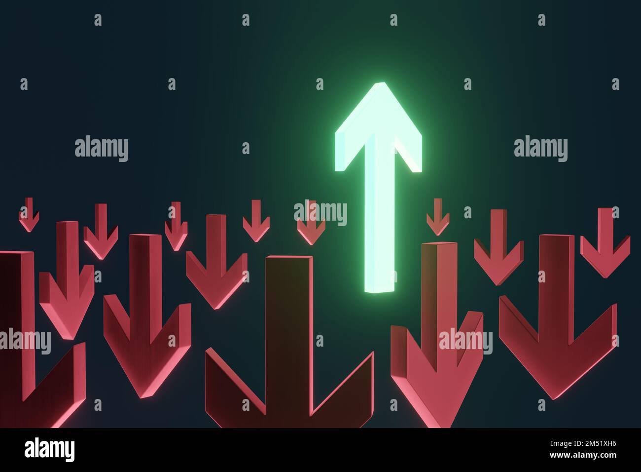 Glowing green arrow placed among red downward arrows. Illustration of ...