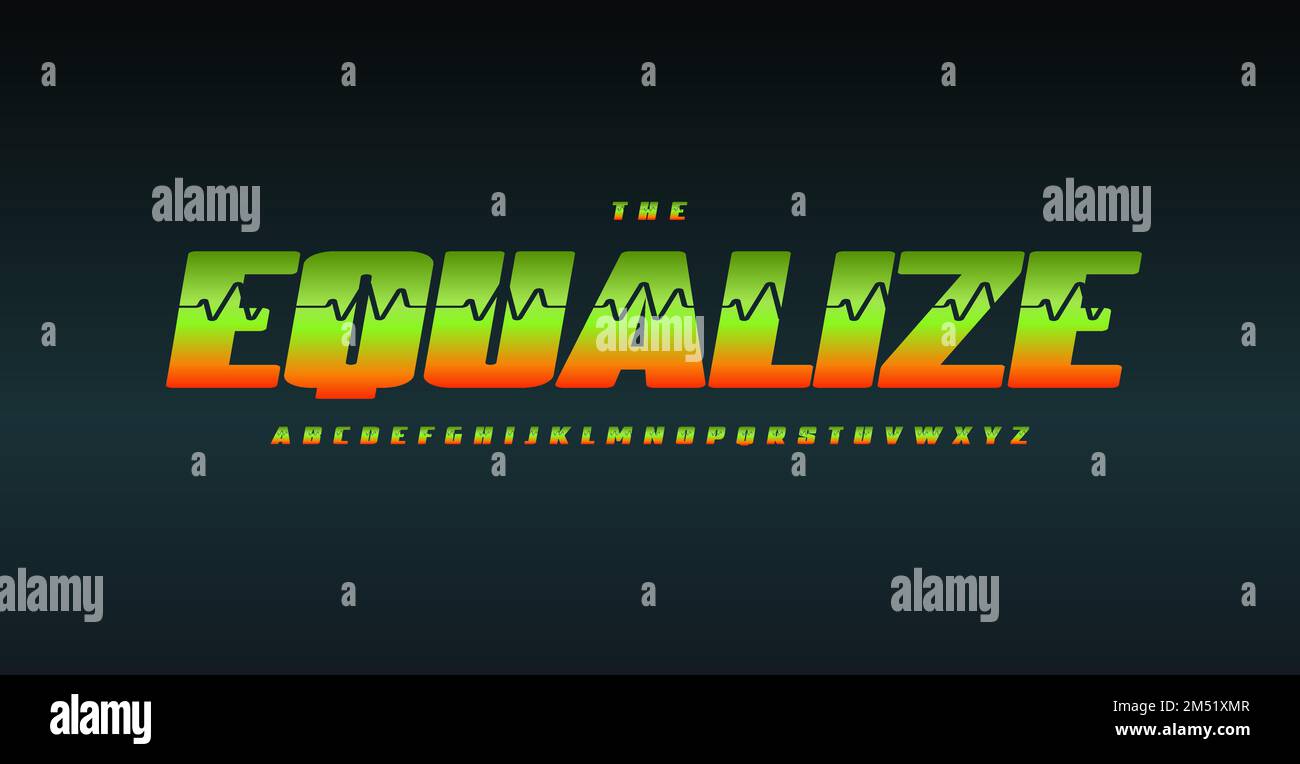Bold italic font with sound pulse symbol, equalizer typeset, audio wave alphabet, voice ...