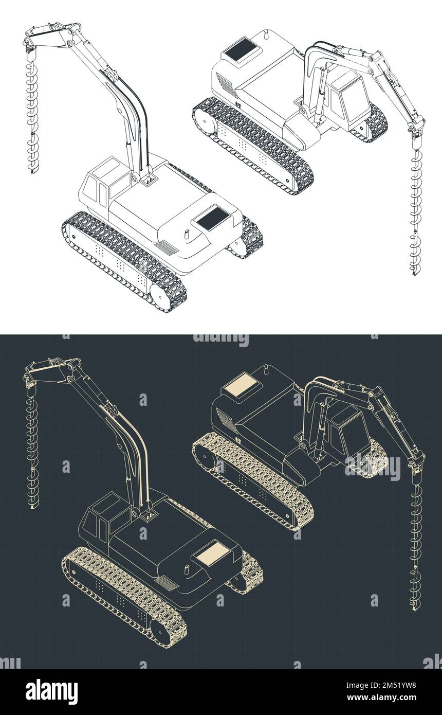 Stylized vector illustration of isometric blueprints of pile drilling ...