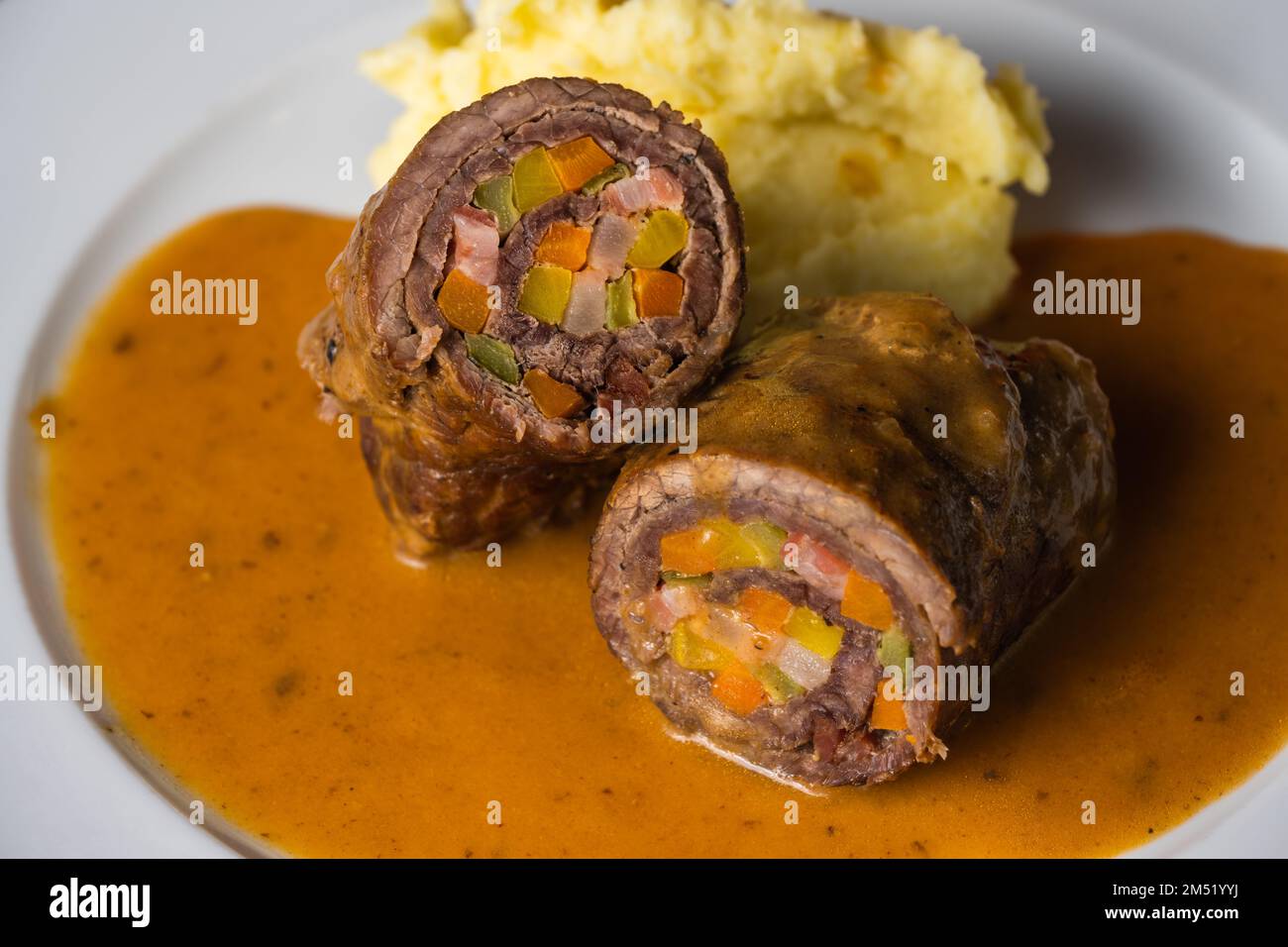 Beef Roulade with Mashed Potatoes and Gravy Viennese or Austrian Style ...