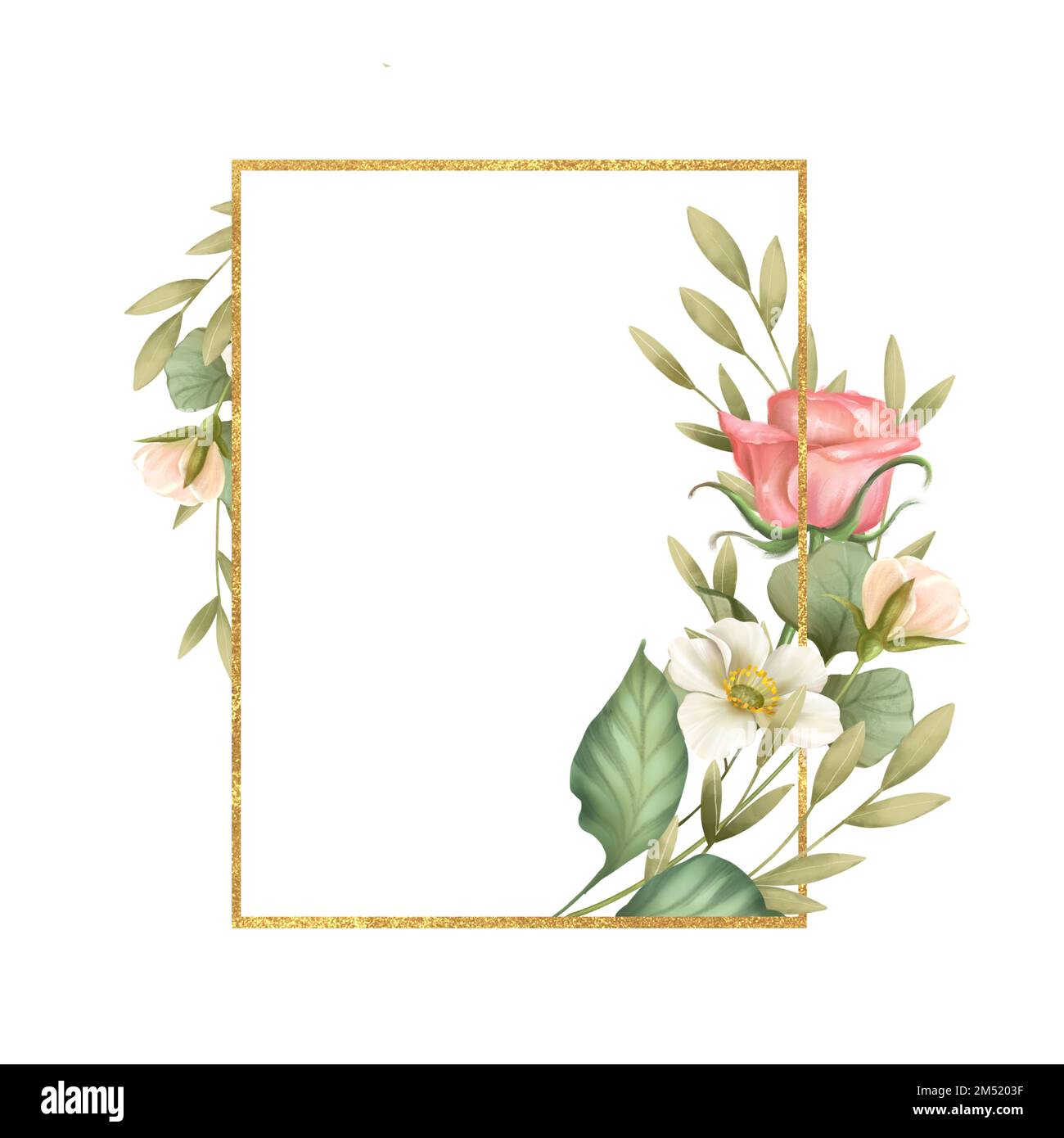 Gold rectangle frame with flowers and leaves. Floral Wedding card decor ...