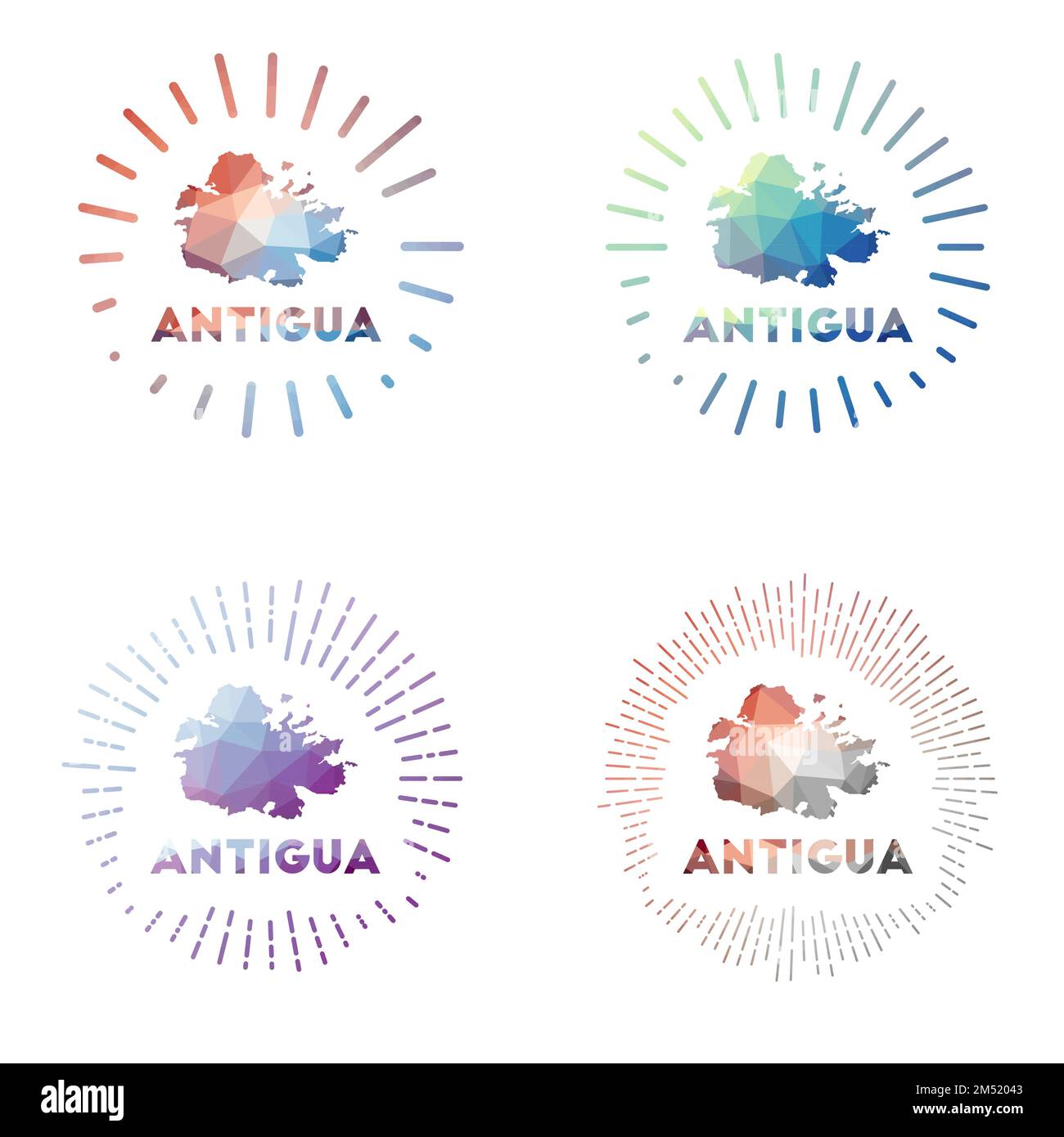 Antigua low poly sunburst set. Logo of island in geometric polygonal ...