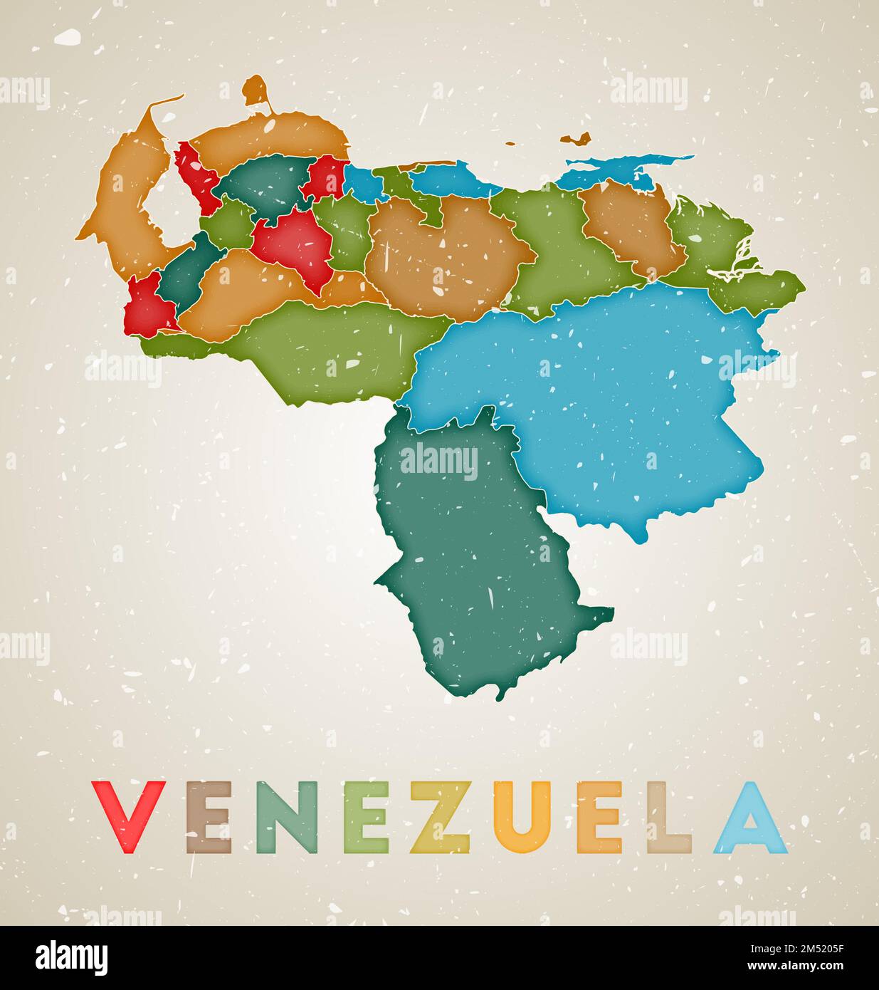 Venezuela map. Country poster with colored regions. Old grunge texture ...