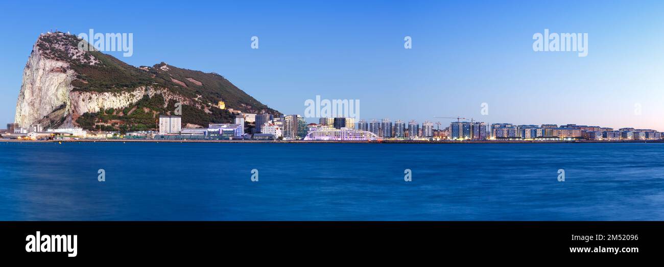 Gibraltar The Rock panoramic view Mediterranean Sea twilight blue hour ...