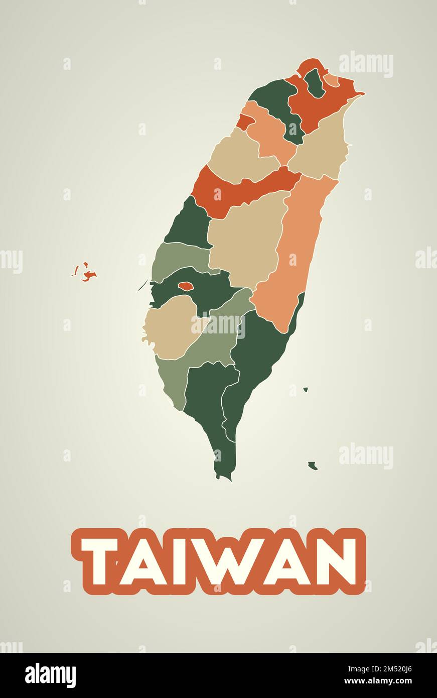 Taiwan poster in retro style. Map of the country with regions in autumn ...