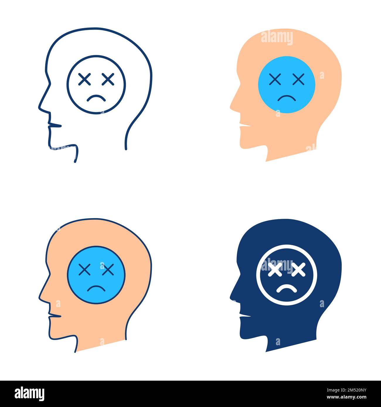 Sadness icon set in flat and line style. Unhappy person with sad emoji ...