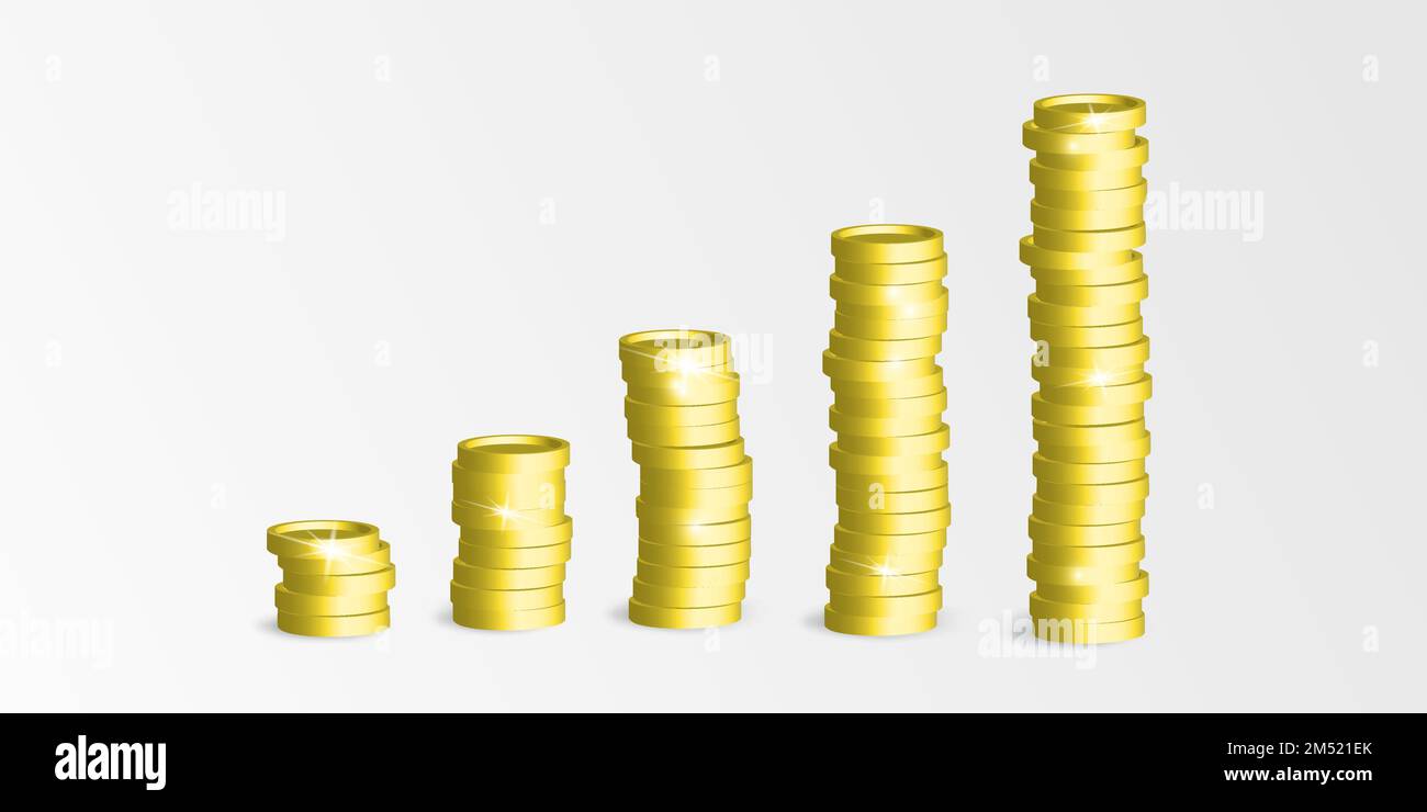 Stack of gold coins icon Isolated. Increasing pile of coins with growth of graph. Concept of ...