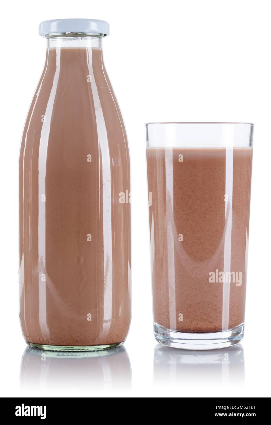Chocolate drink milk glass and bottle isolated on a white background ...