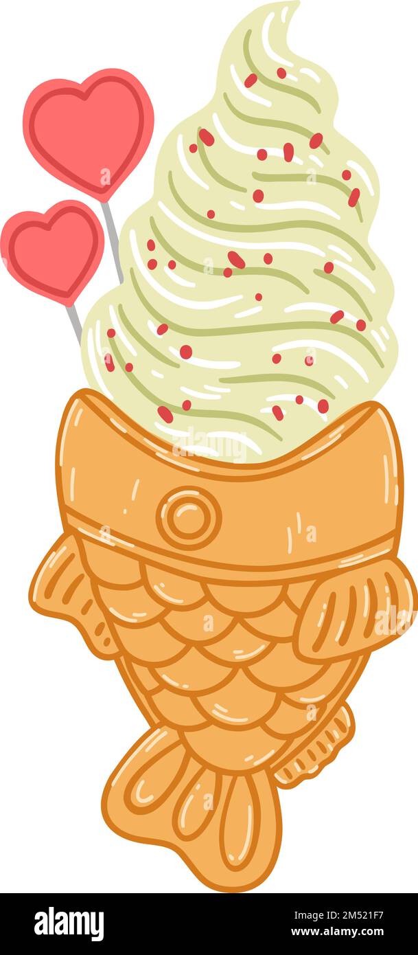 Taiyaki fish-shaped ice cream cone in cartoon flat style. Hand drawn ...