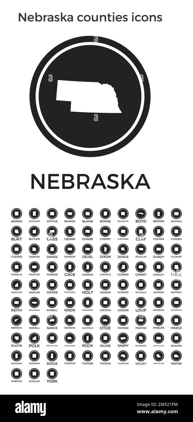 Nebraska counties icons. Black round logos with US state counties maps ...