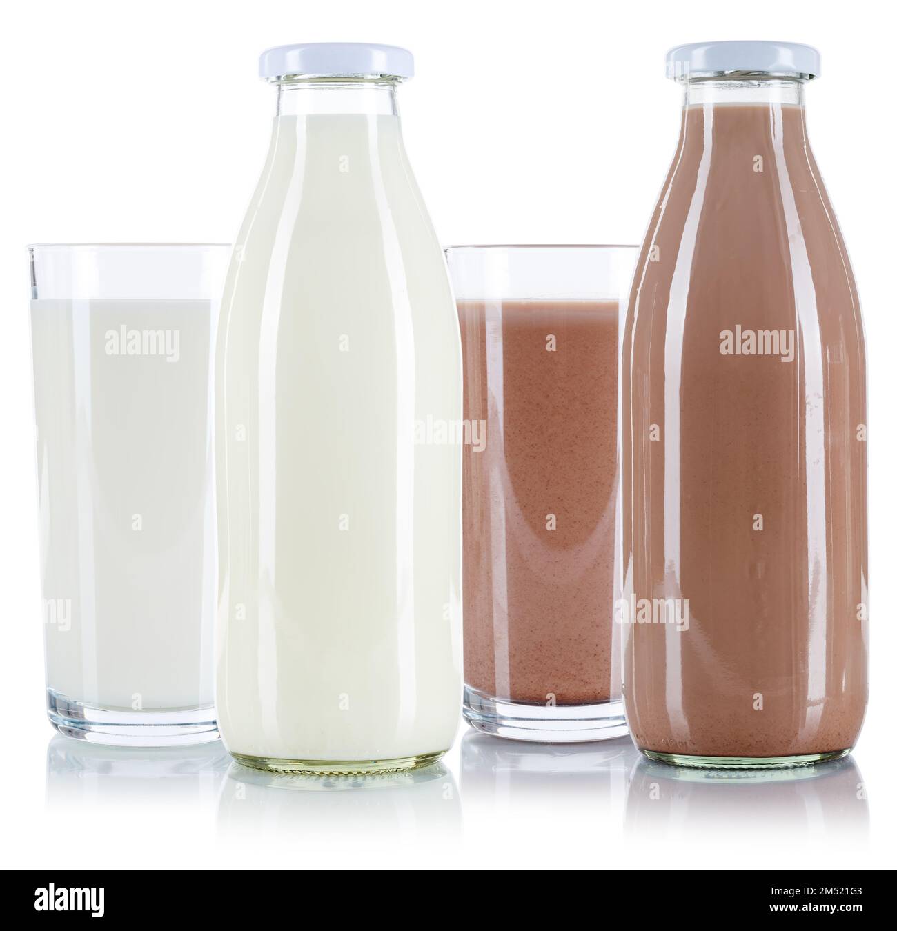 Milk and chocolate drink glass and bottle isolated on a white ...