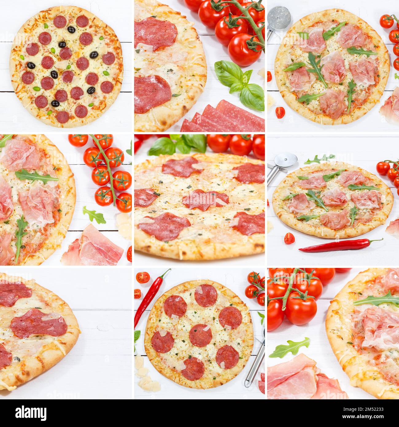 Pizza collection collage ham salami prosciutto square food ingredients ...