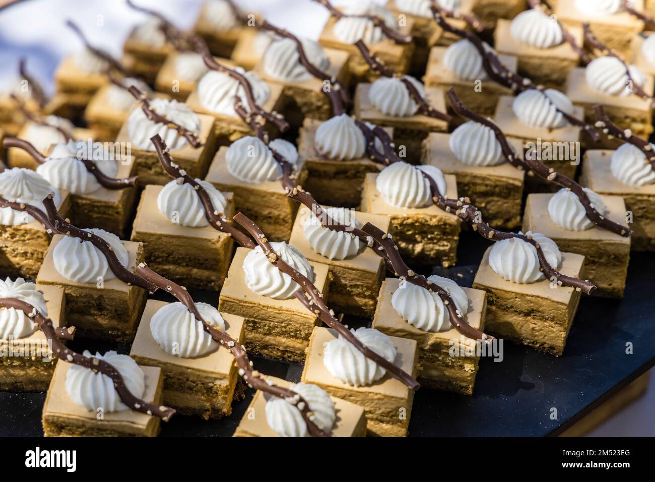A large tray of fancy sweet desserts served in an outdoor buffet Stock ...