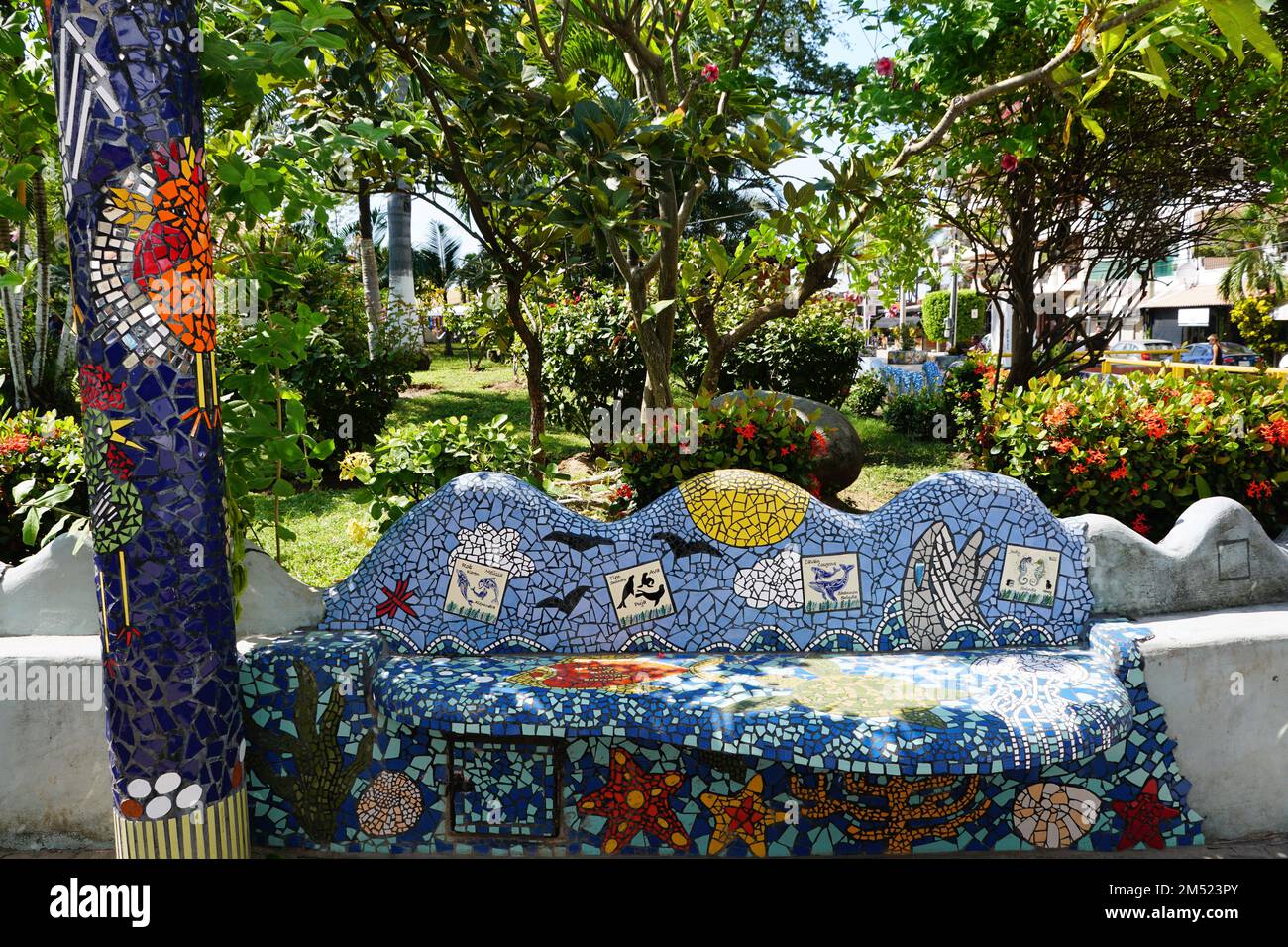 Puerto Vallarta, Mexico - November 9, 2022 - The decorated bench with colorful bright tiles at ...
