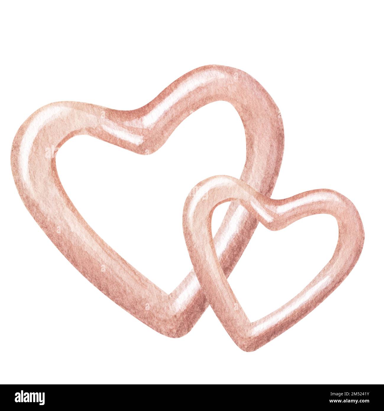 Two beige hearts together, glossy and voluminous. Hand drawn watercolor ...