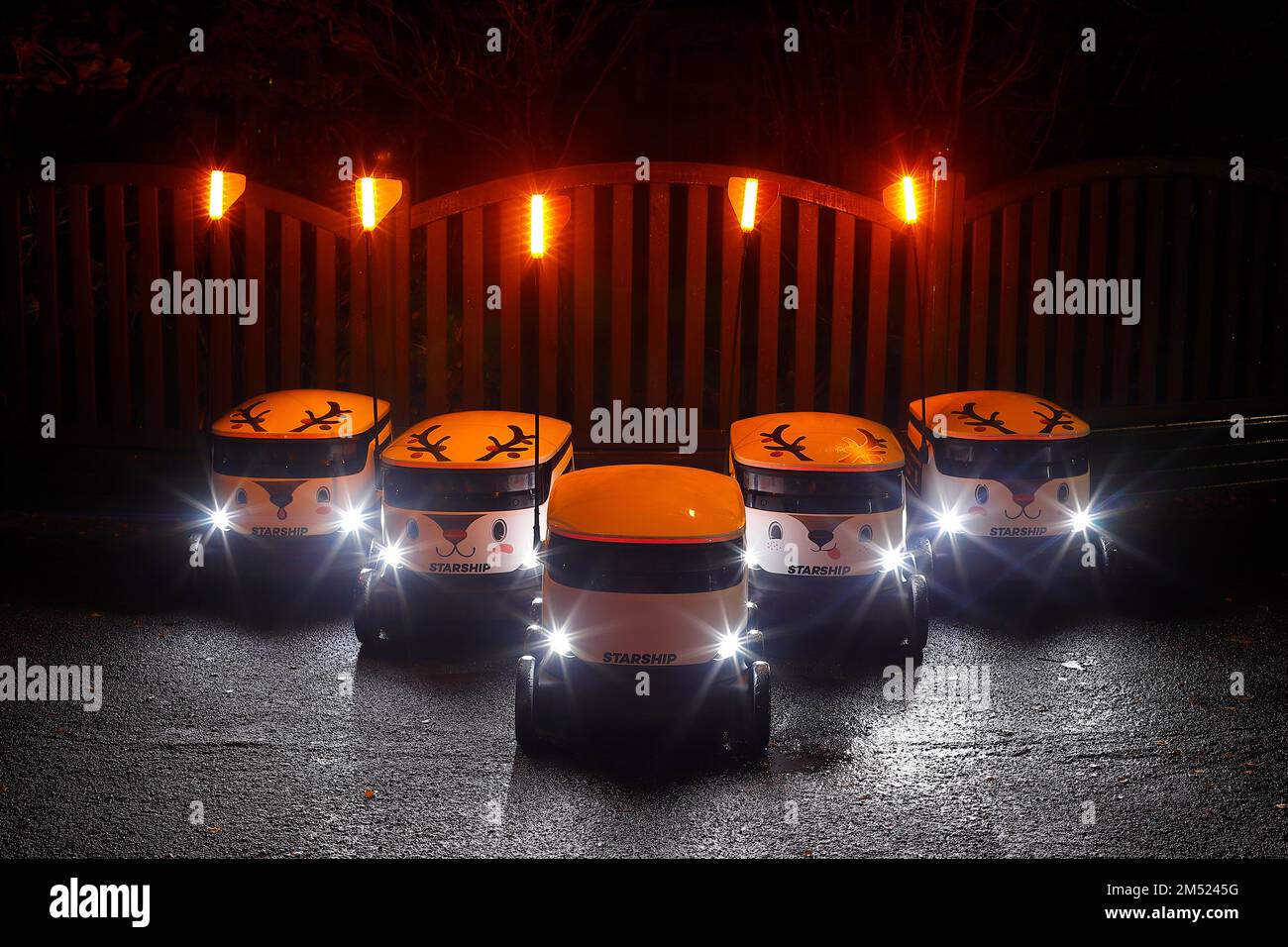 Starship robots lined up as they wait for instructions to carry out ...