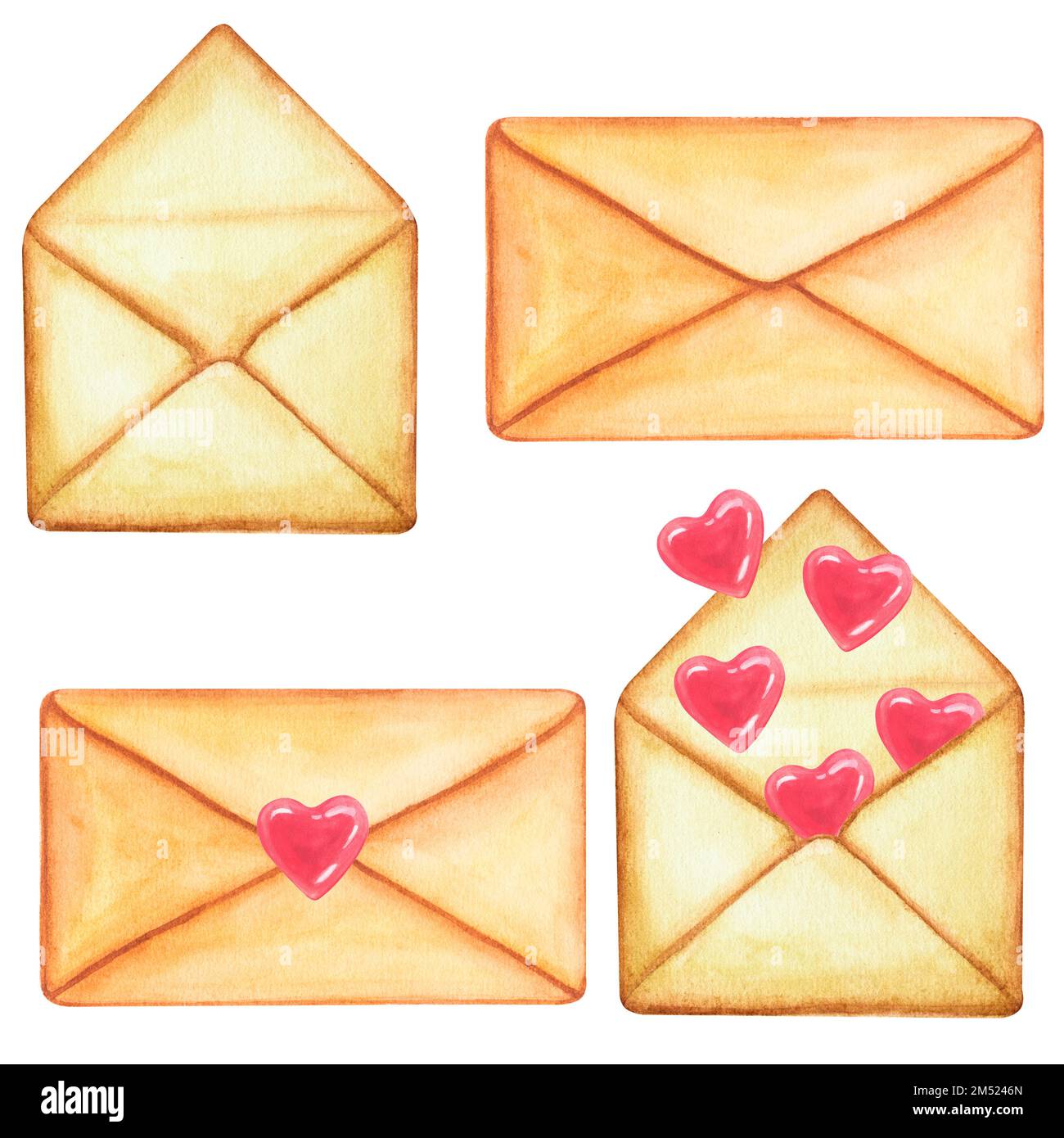 Set of envelope with pink red hearts. Message of love. Hand-drawn ...
