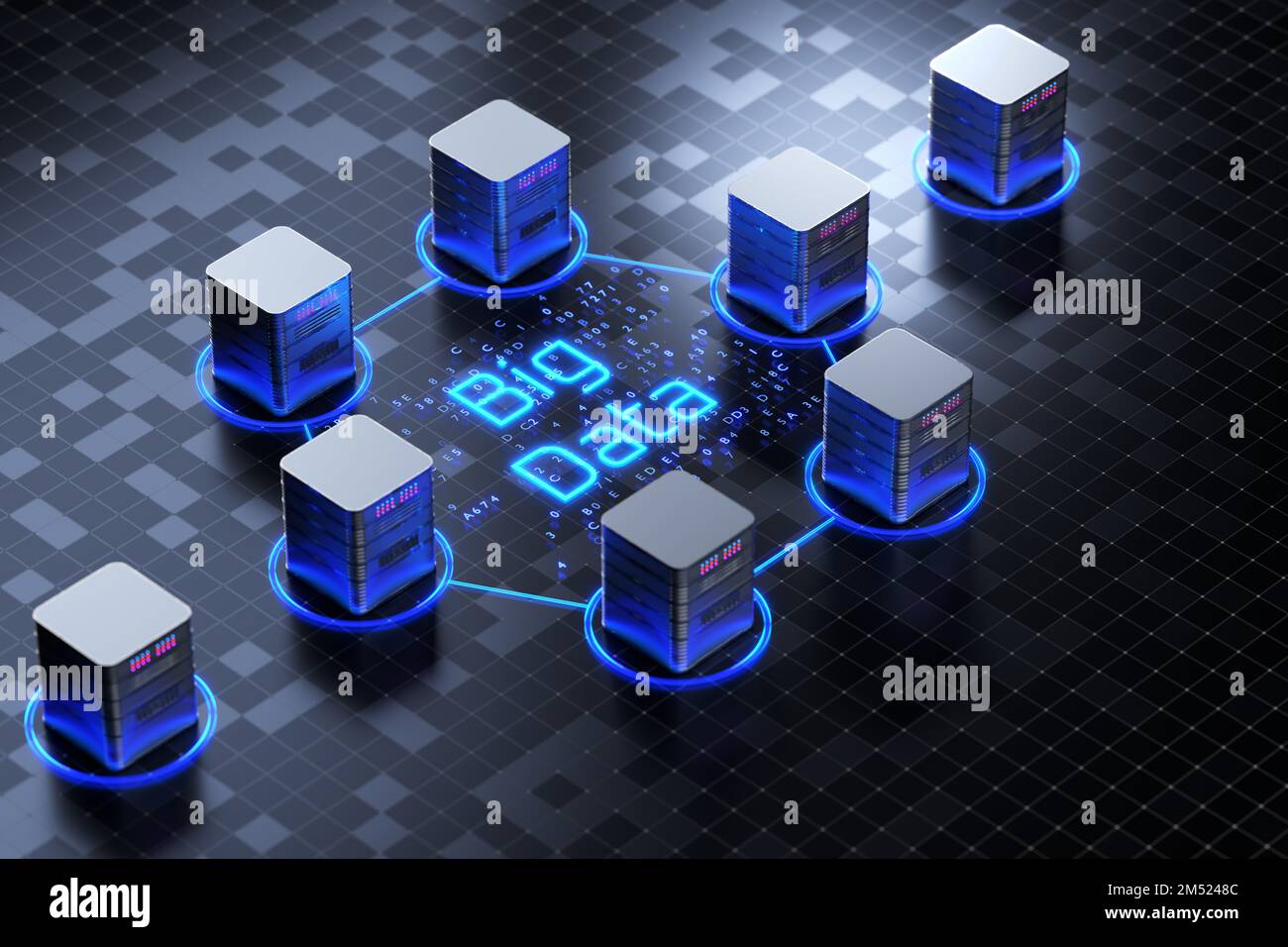 server room with node base programming data design element. concept of big data storage and ...