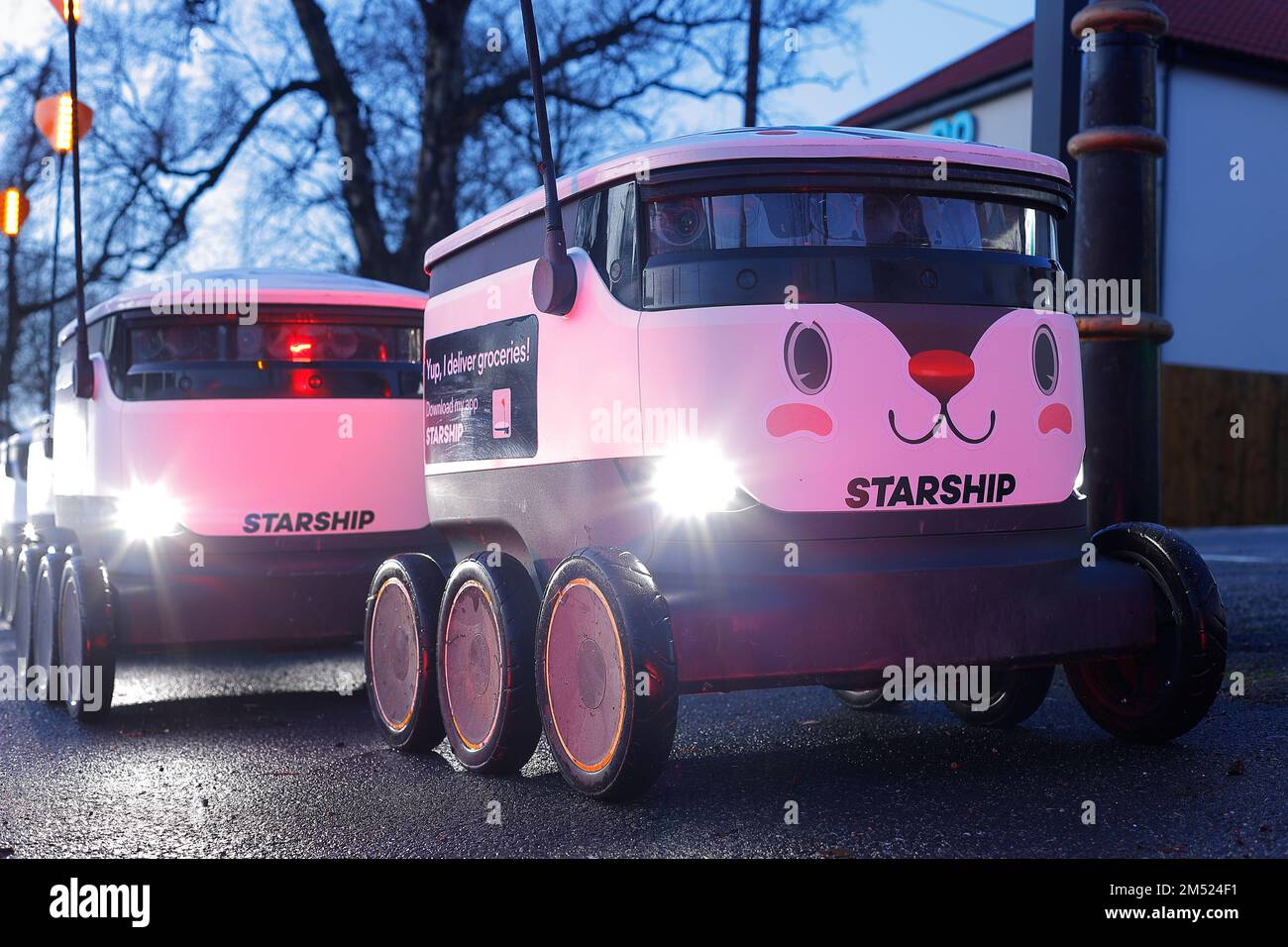 A group of Starship robots prepare to carry out grocery deliveries for ...