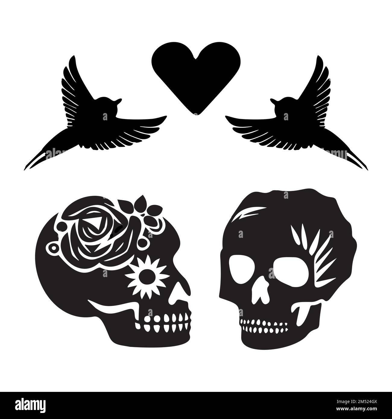 Valentines Day Skull Love Tattoo Graphic Vector Skeleton Couple Stock