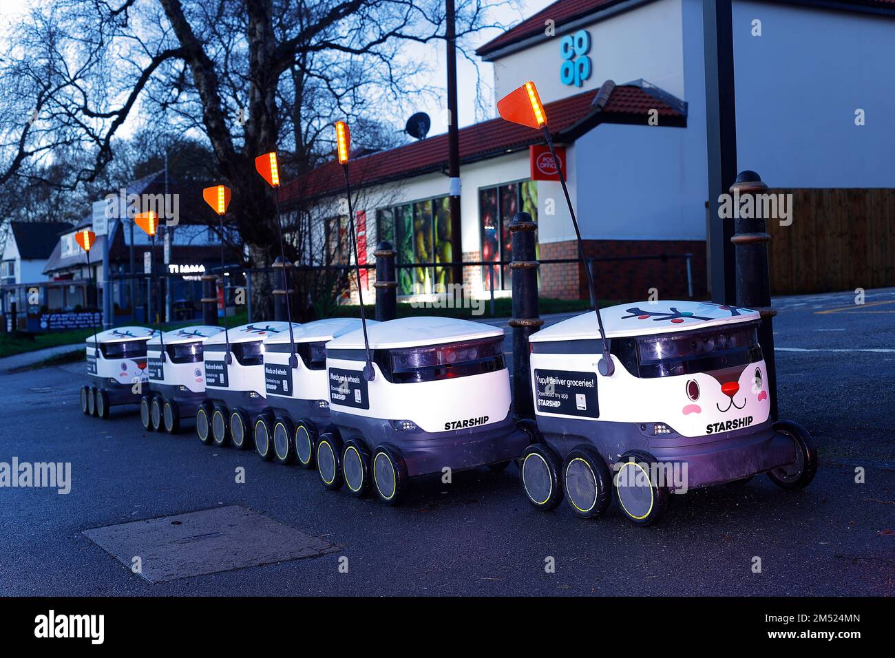 A group of Starship robots prepare to carry out grocery deliveries for ...