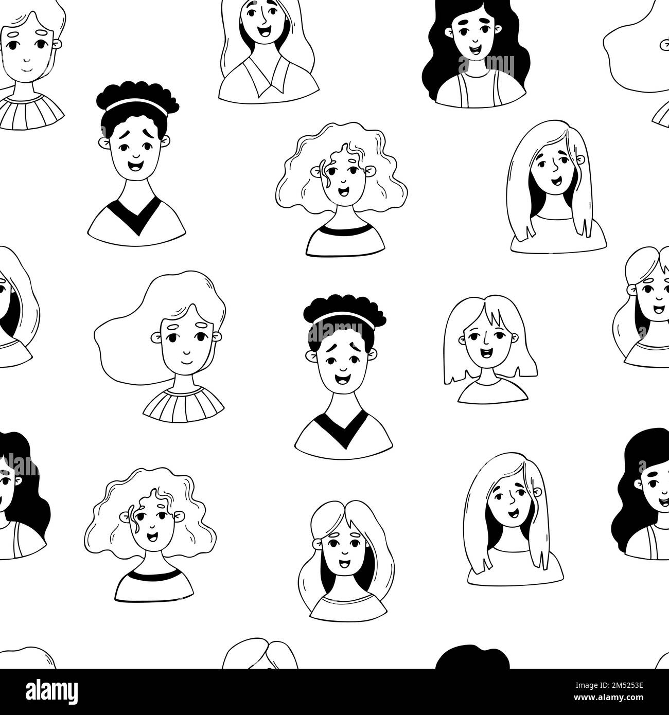 Seamless pattern with cute girls, female portraits on white background ...