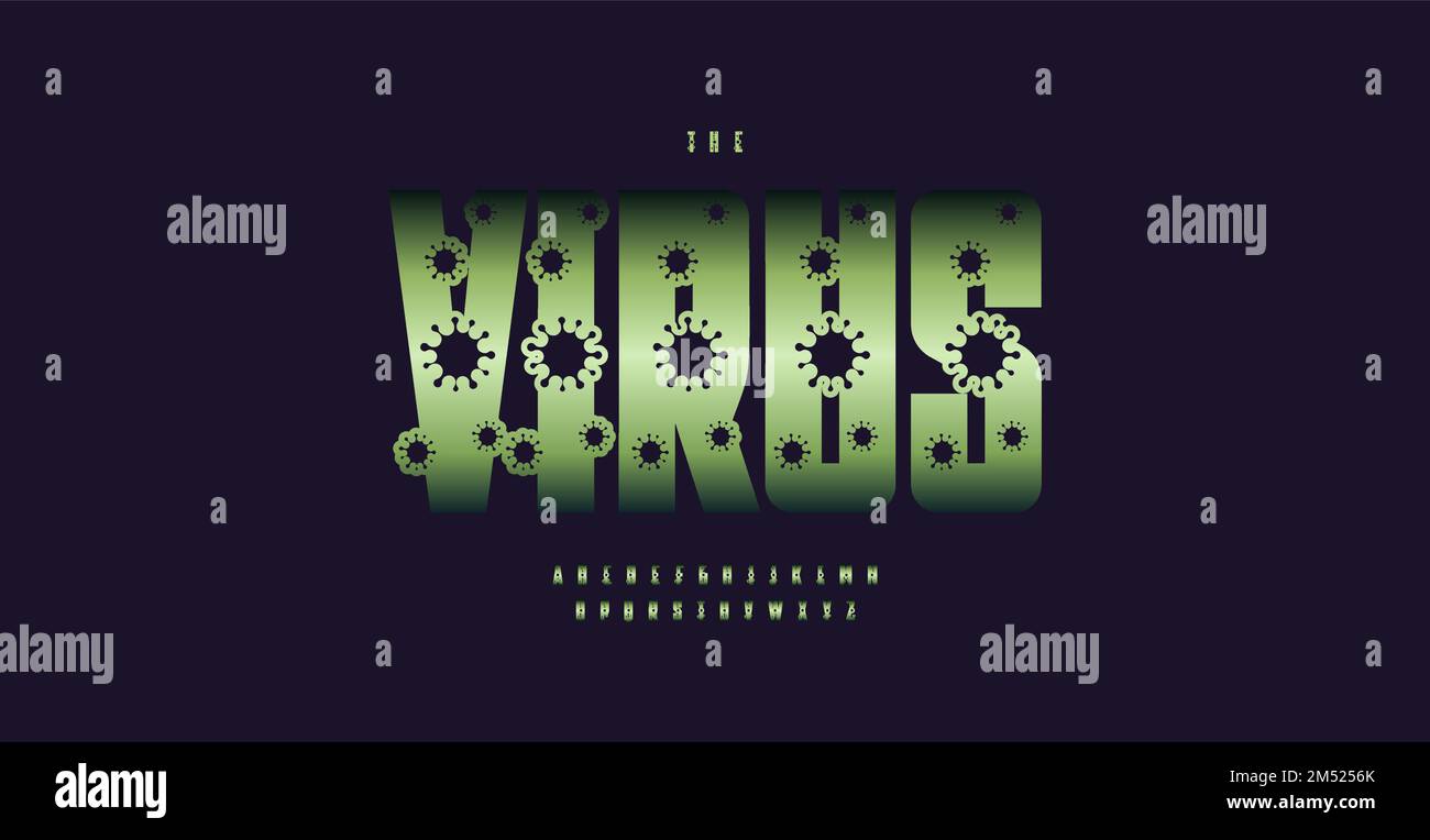 Cartoon green alphabet high bold font virus infographic typeset ...