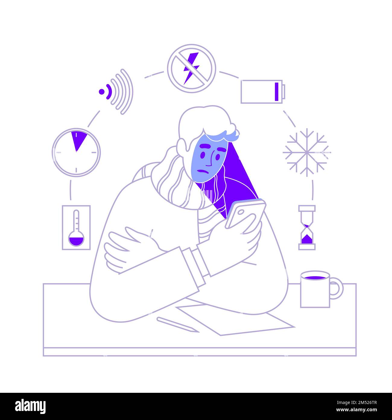 Man Surrounded By Problems Caused By Blackout Concept In Linear Style Vector Illustration