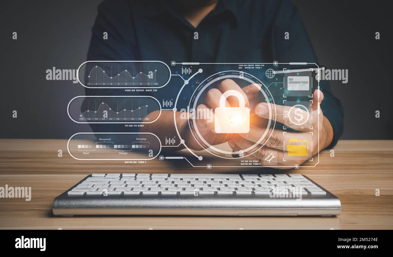 Businessman touch a virtual screen to unlock and access information and ...