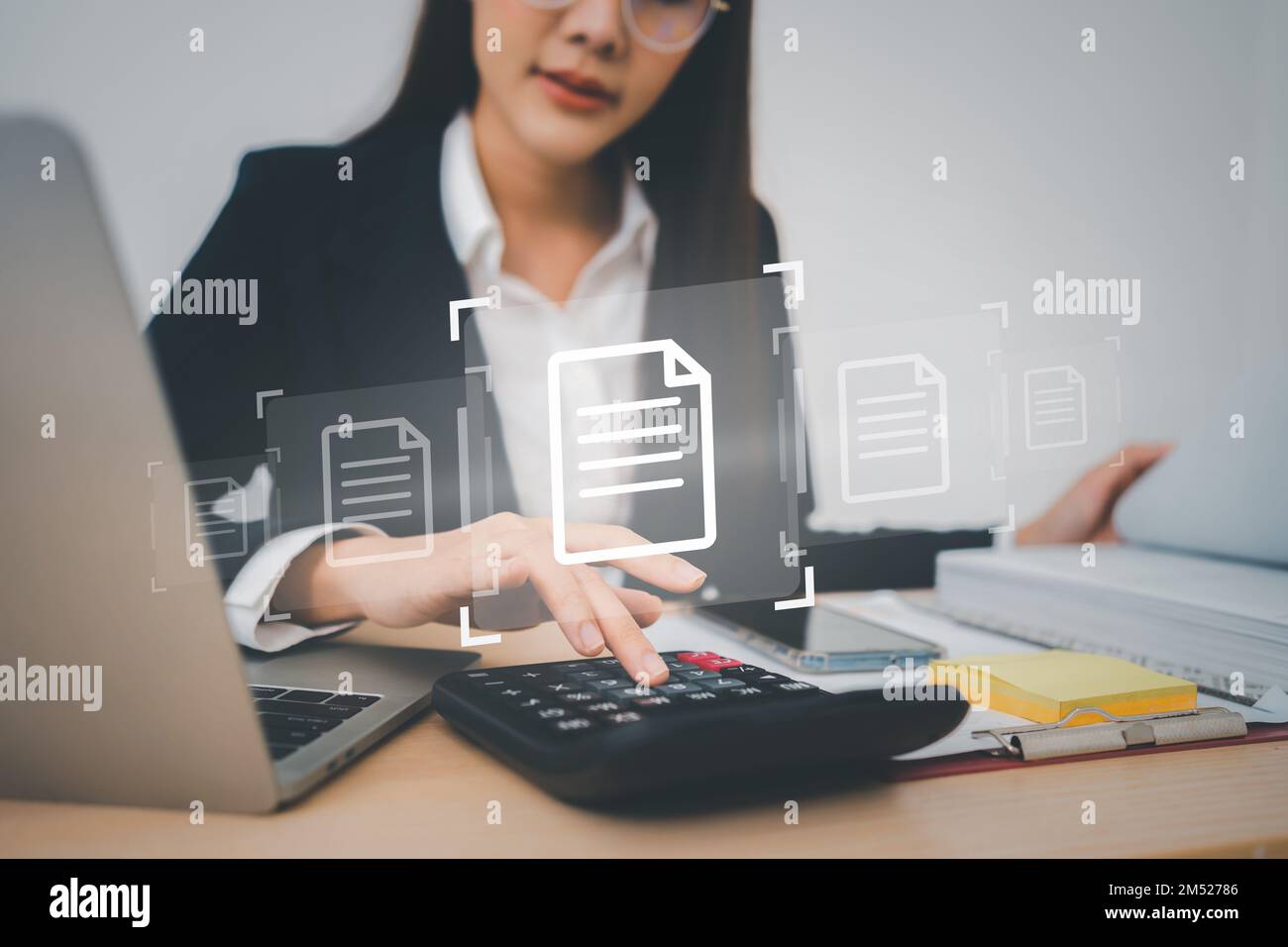 Businesswoman Working On Document Management System Dms Software For Archiving Searching