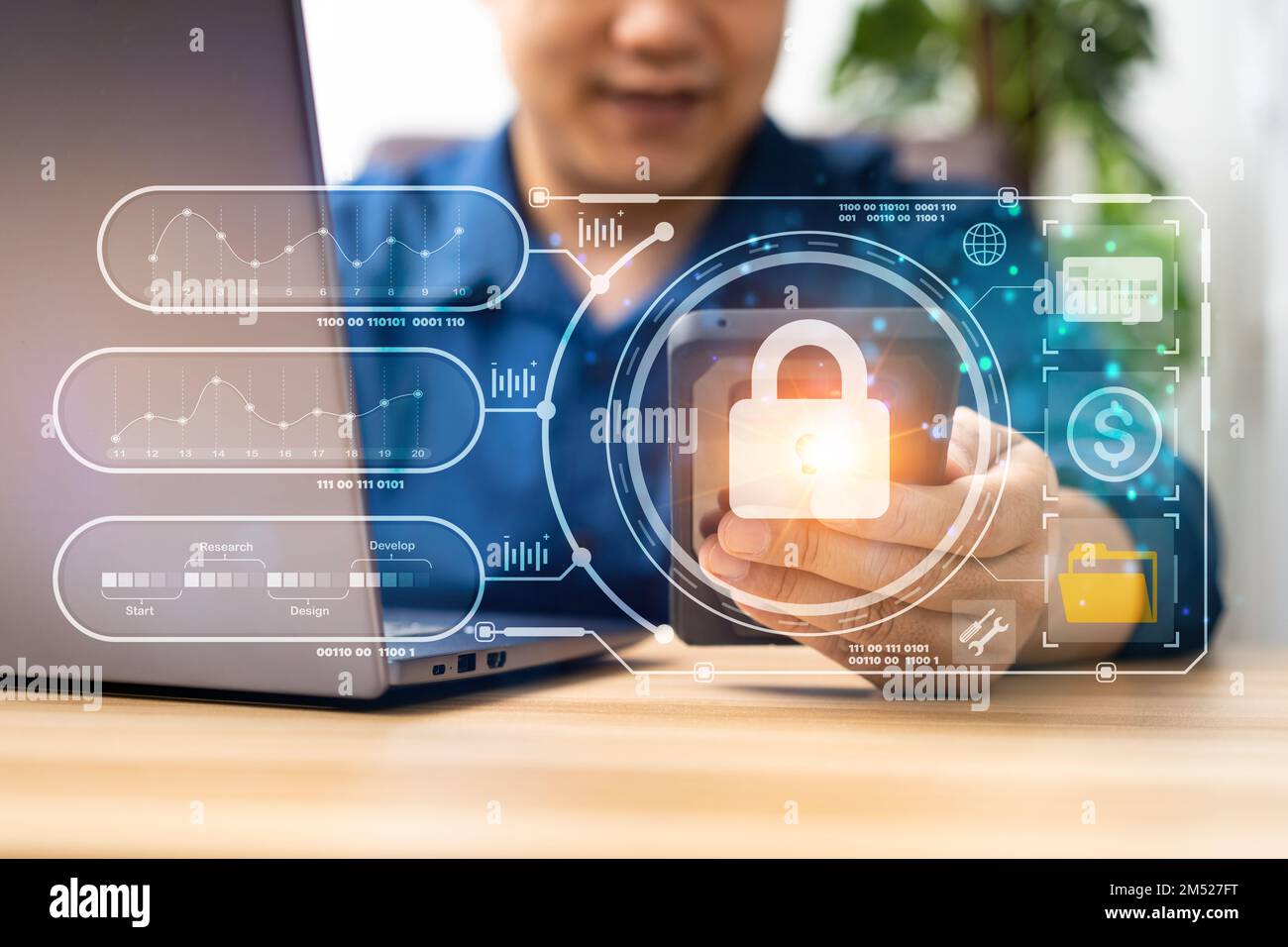 Businessman touch a virtual screen to unlock and access information and ...