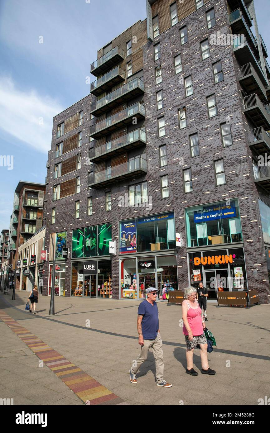 Bury town centre in Greater Manchester England shops and apartment flat ...