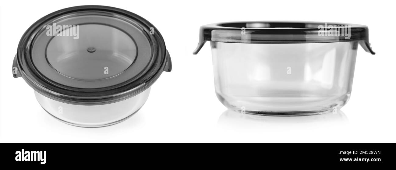 glass food container with plastic lid isolated on white background ...