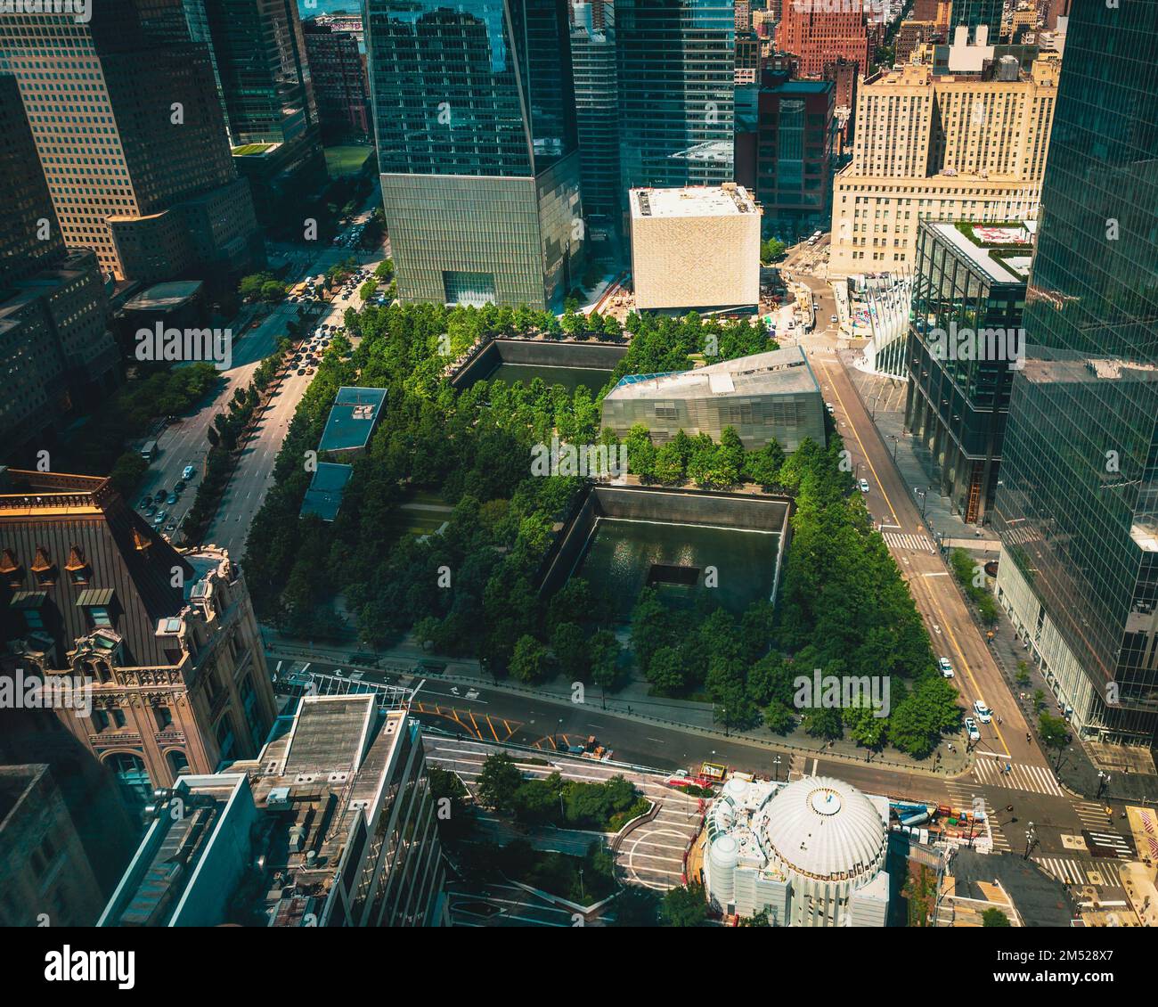 An aerial view of Twin Towers Ground Zero Memorial in NYC Stock Photo ...