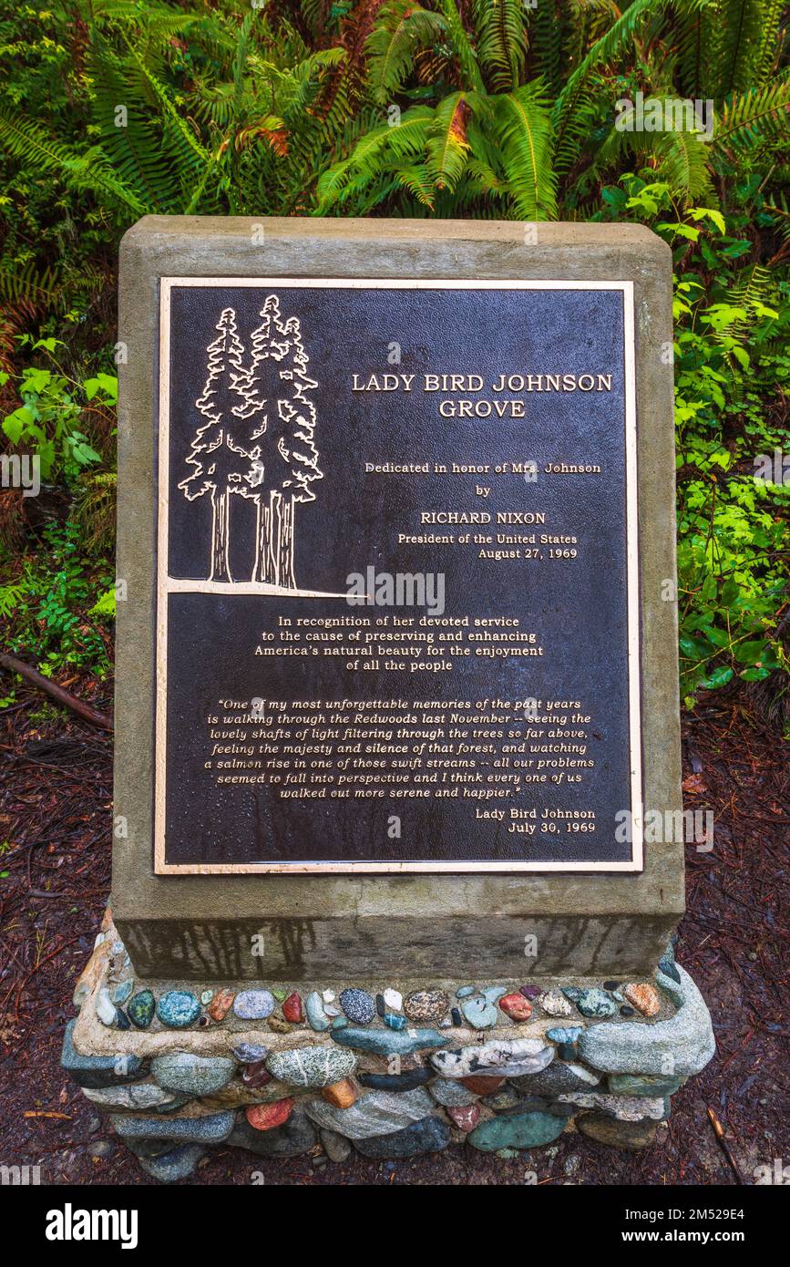 Dedication plaque at the Lady Bird Johnson Grove, Redwood National Park ...