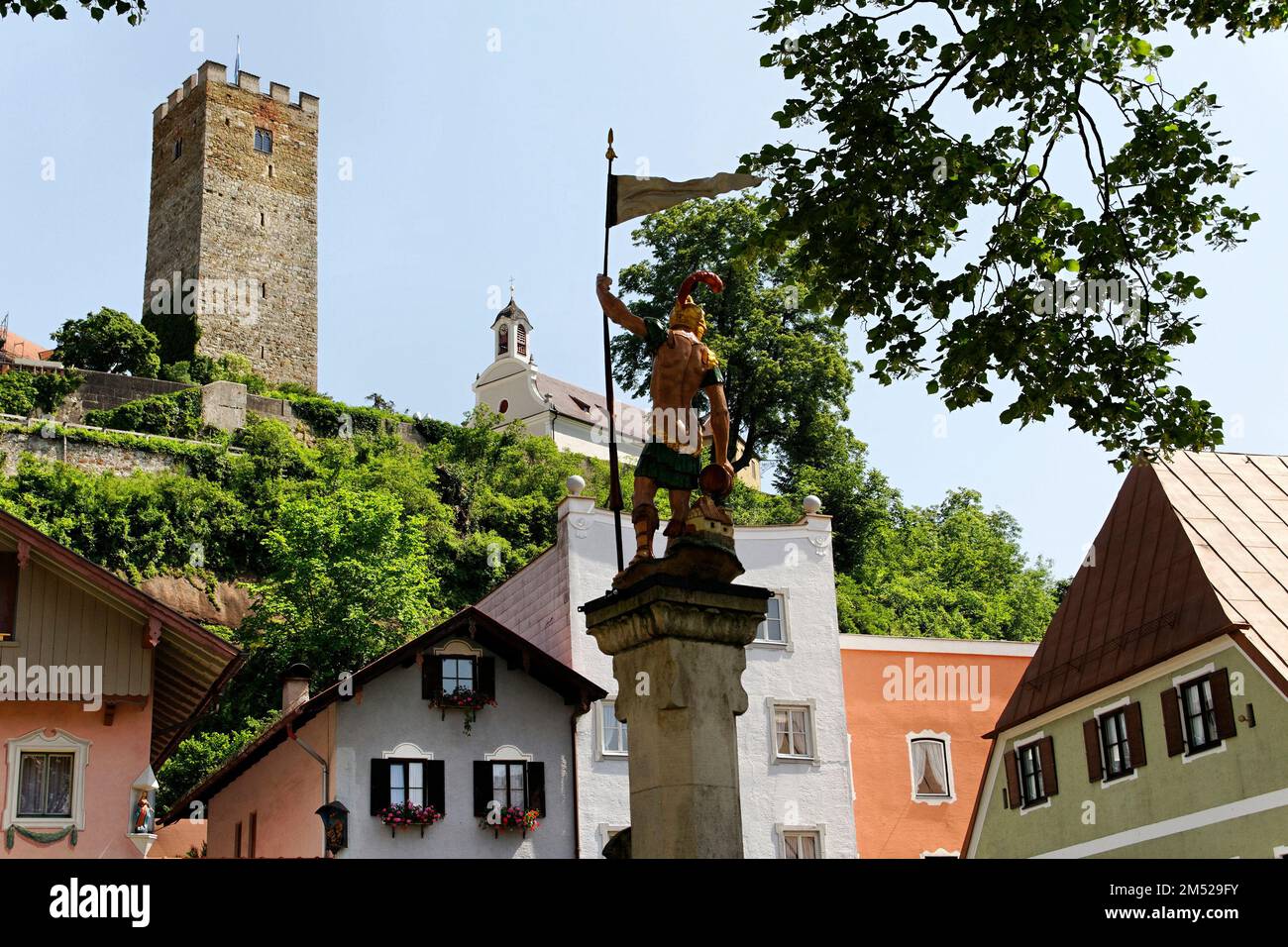 Castle, buildings and Statue of Saint Florian, Markt Neubeuern, Upper ...