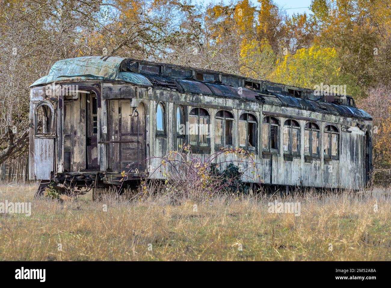 An old Interurban Train Fades away in a field on Fidalgo Island in Washington State Stock Photo ...