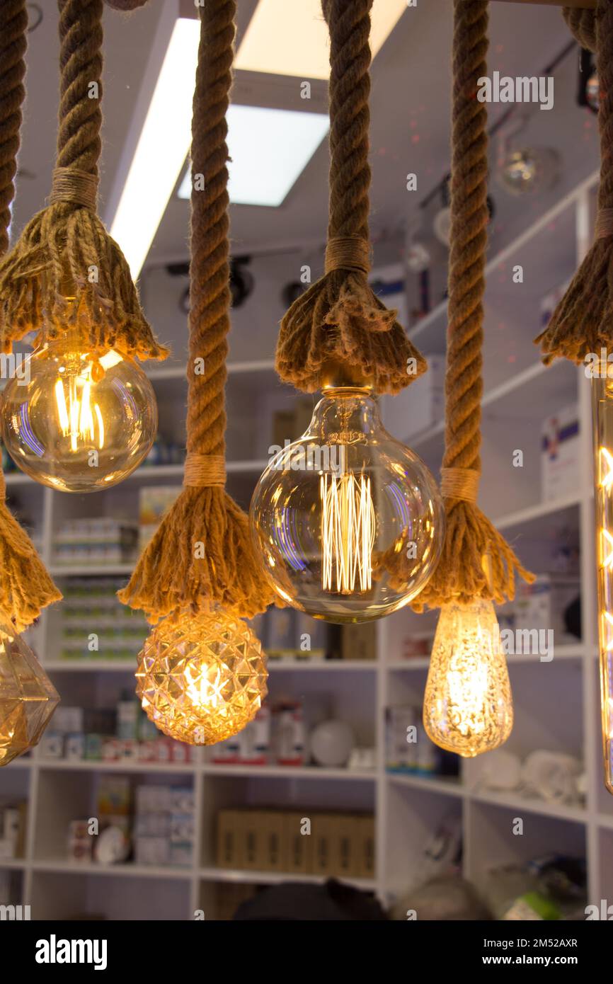 Decorative antique edison style filament light bulbs hanging Stock ...